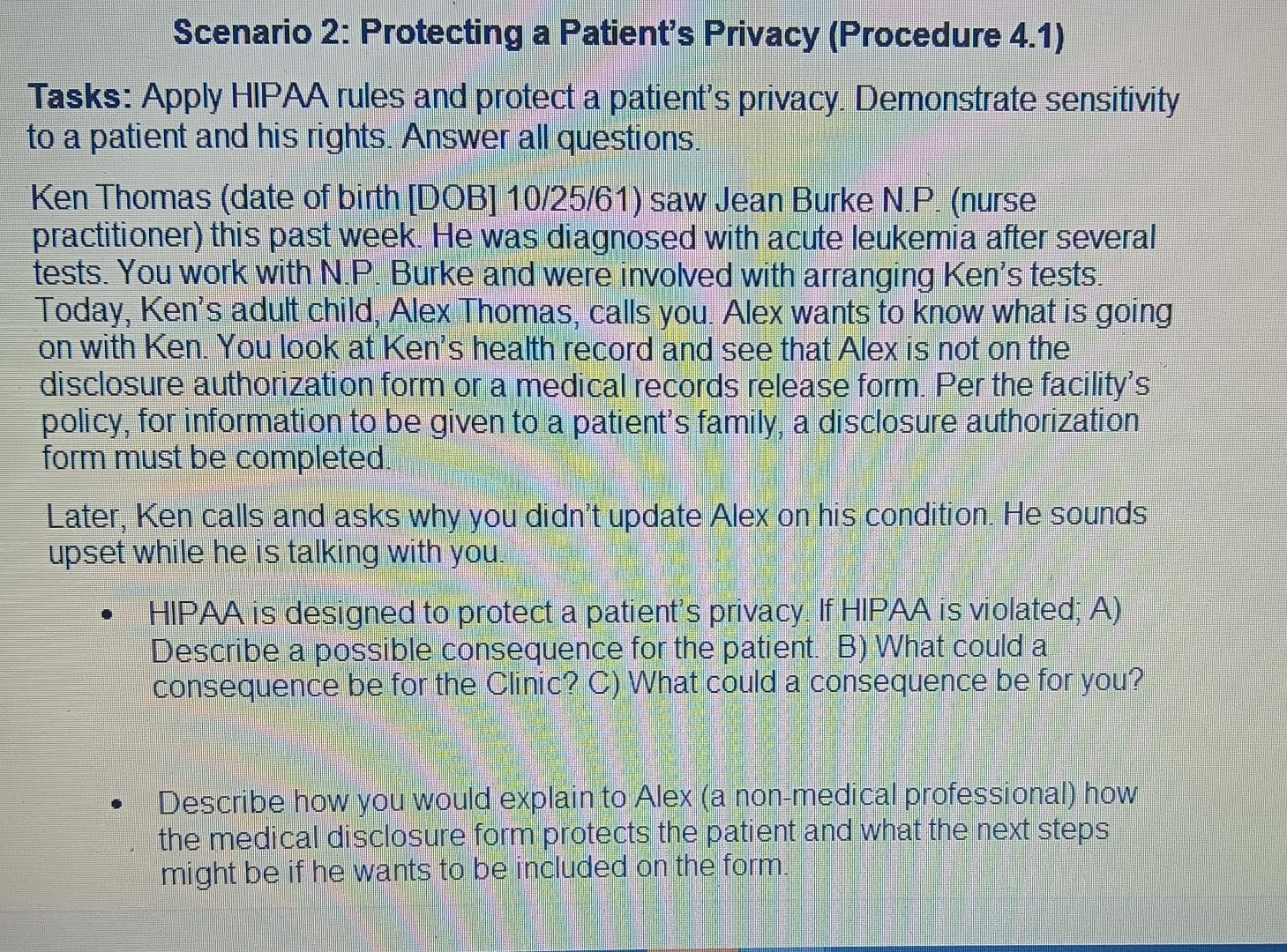 Solved Scenario 2: Protecting a Patient's Privacy (Procedure | Chegg.com