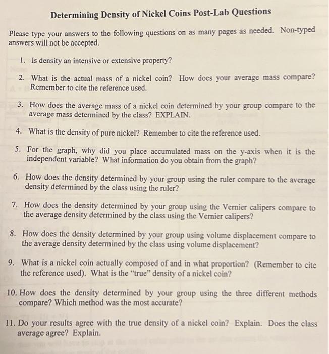 Solved Determining Density of Nickel Coins Post-Lab | Chegg.com