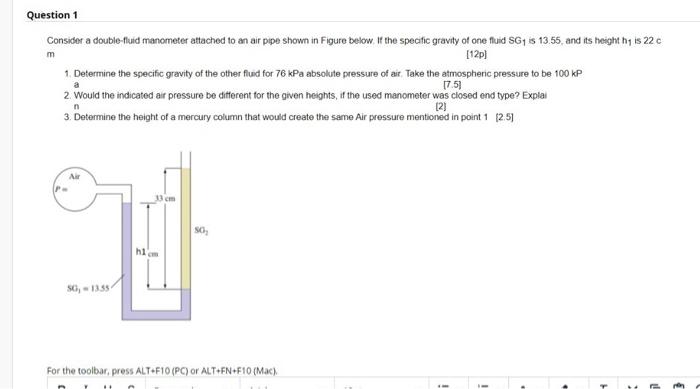 Solved m Question 1 Consider a double-fluid manometer | Chegg.com