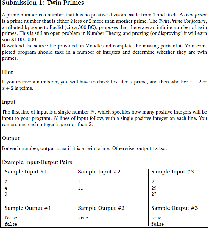 Solved Twin PrimesA prime number is a number that has no | Chegg.com