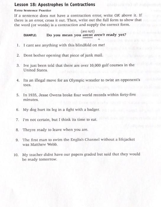 Lesson 18: Apostrophes in Contractions Extra Sentence | Chegg.com