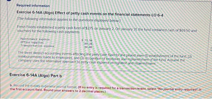 Solved Exercise 6-14A (Algo) Effect of petty cash events on | Chegg.com