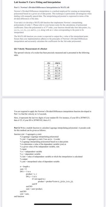 Solved Lab Session 9: Curve Fieting and Interpolation | Chegg.com