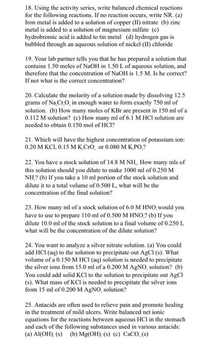 Solved 18. Using the activity series, write balanced | Chegg.com