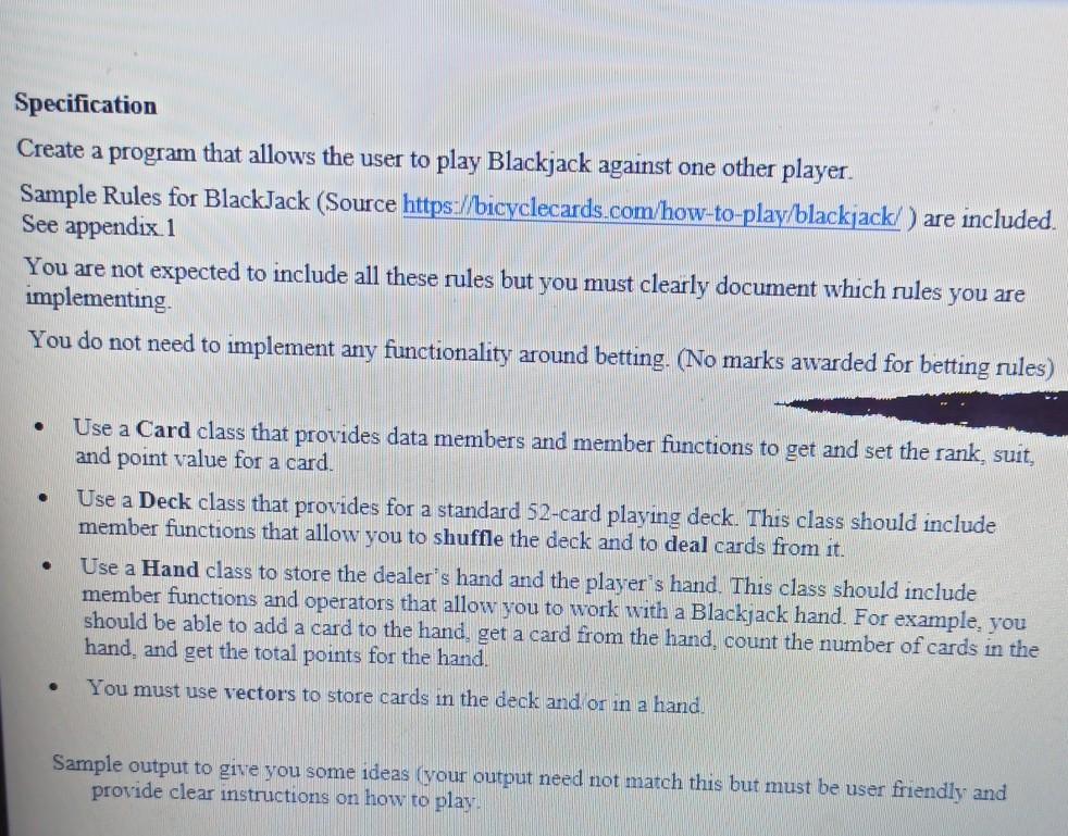 Game Of BlackJack in visual studio using classes | Chegg.com