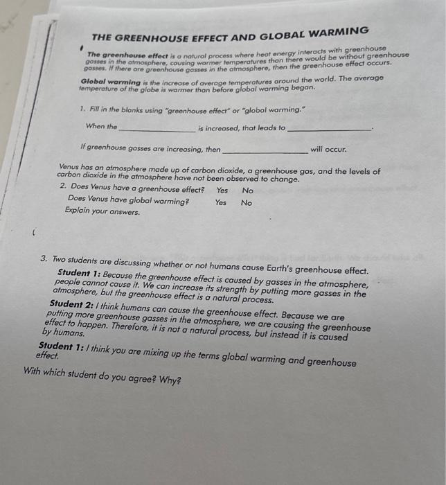 Solved THE GREENHOUSE EFFECT AND THE Below is a fable | Chegg.com