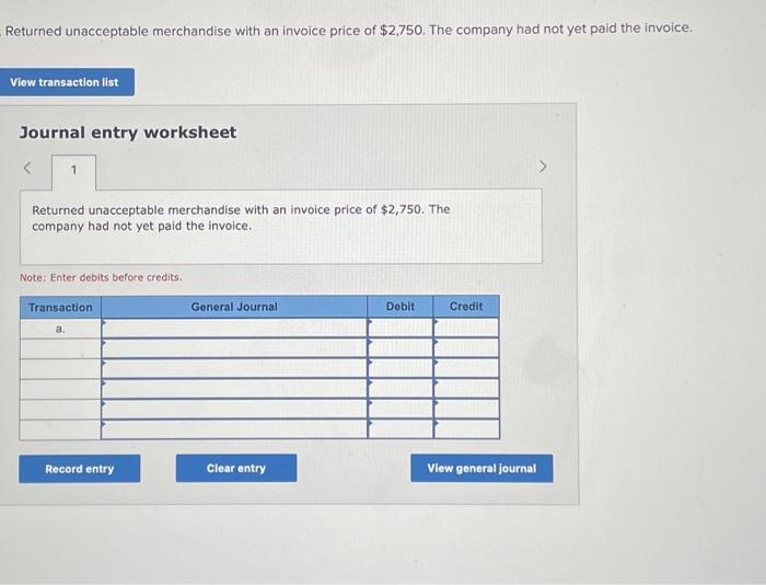 Solved Returned unacceptable merchandise with an invoice | Chegg.com