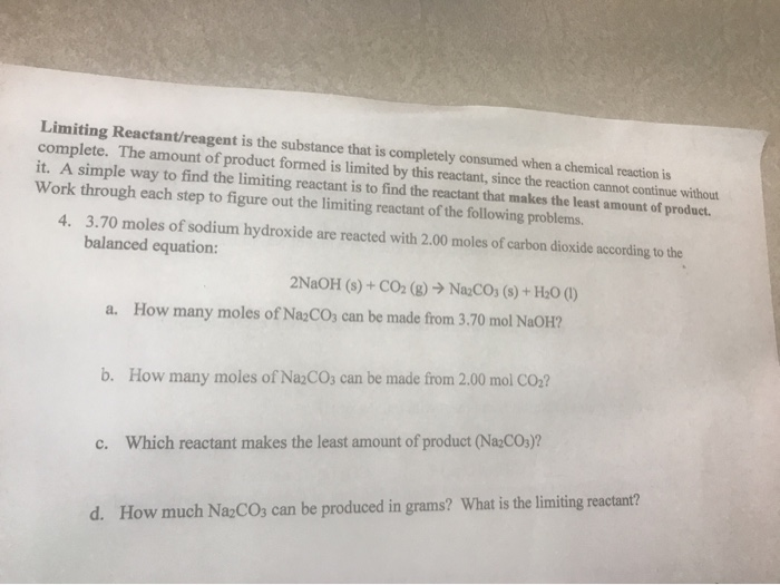 Solved Limiting Reactant/reagent is the substance that is | Chegg.com