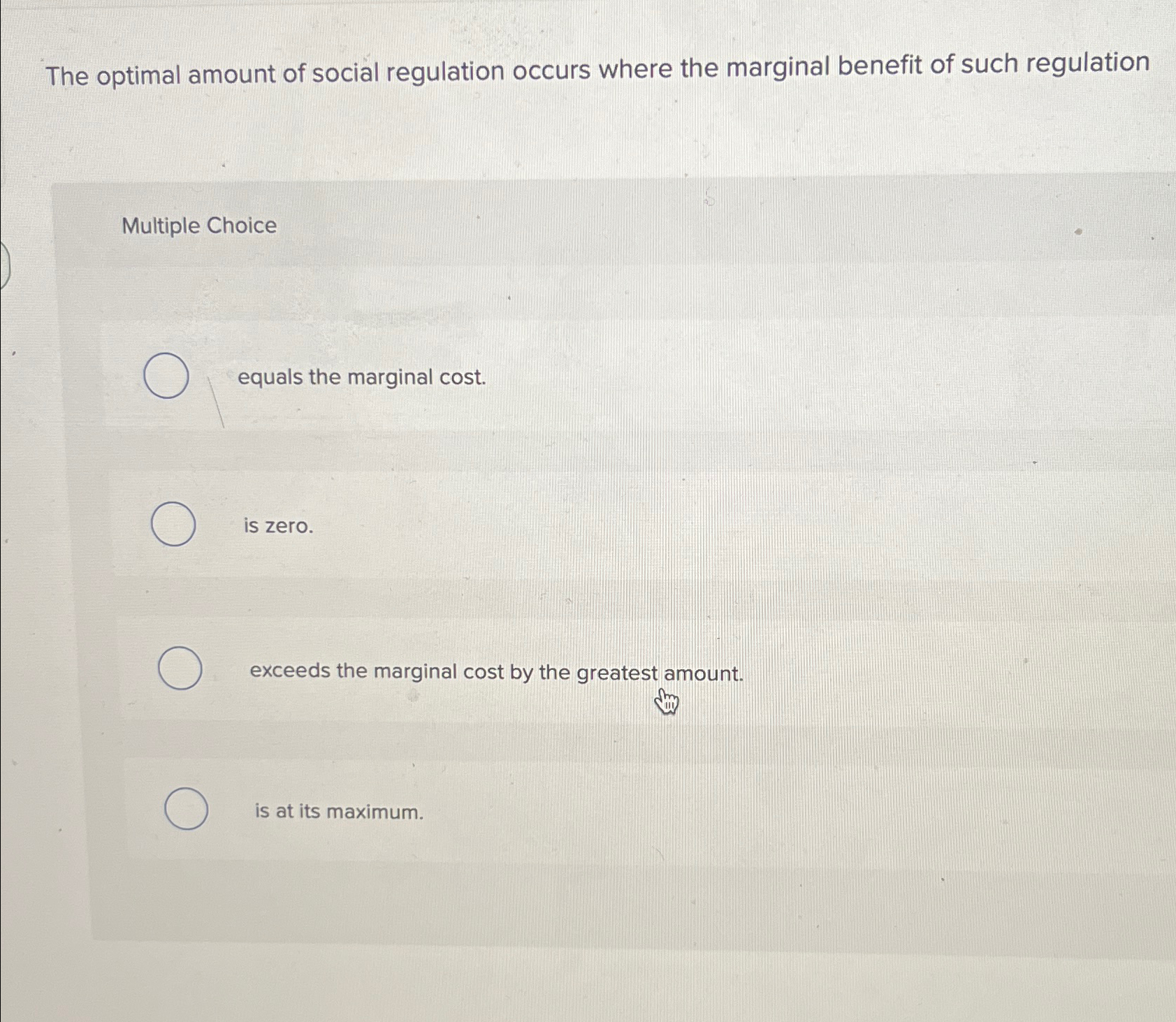 Solved The optimal amount of social regulation occurs where | Chegg.com