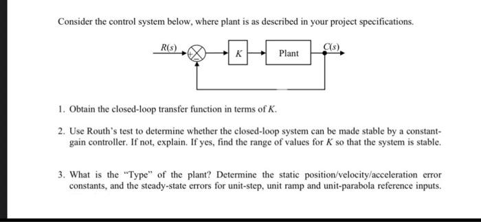 Solved Consider the control system below, where plant is as | Chegg.com