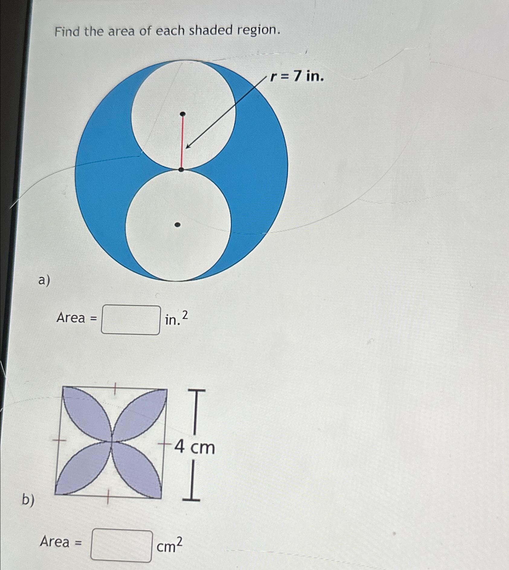 Solved Find the area of each shaded region.a)Area = | Chegg.com