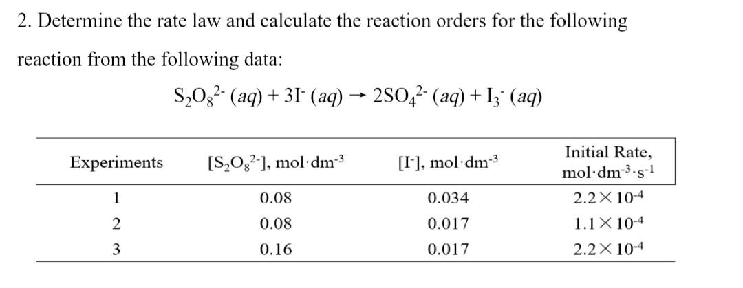 Solved 2. Determine the rate law and calculate the reaction | Chegg.com