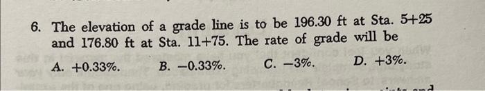 Solved 6. The elevation of a grade line is to be 196.30ft at | Chegg.com