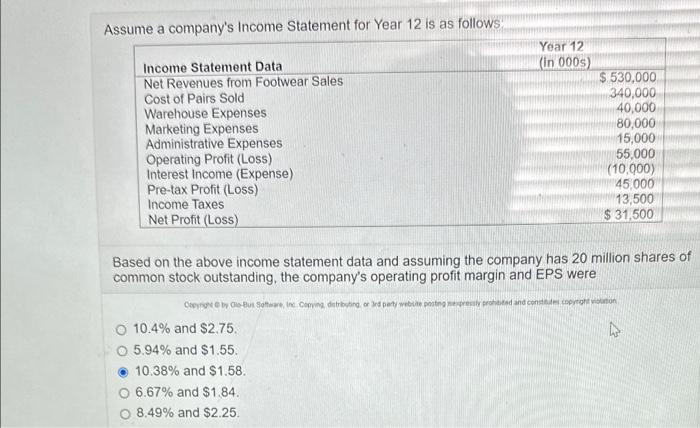 Solved Assume a company's Income Statement for Year 12 is as | Chegg.com