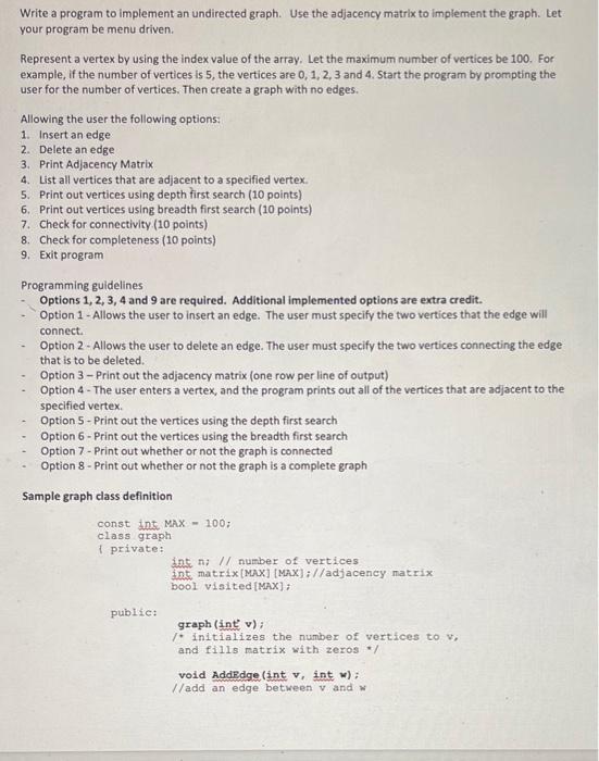 Solved Write a program to implement an undirected graph. Use | Chegg.com Solved Write a program to implement an undirected graph. Use | Chegg.com
