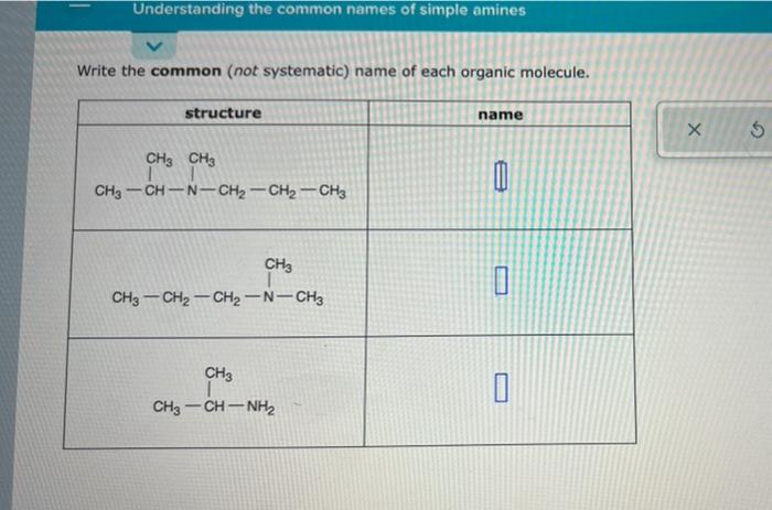 Solved Understanding the common names of simple amines Write | Chegg.com