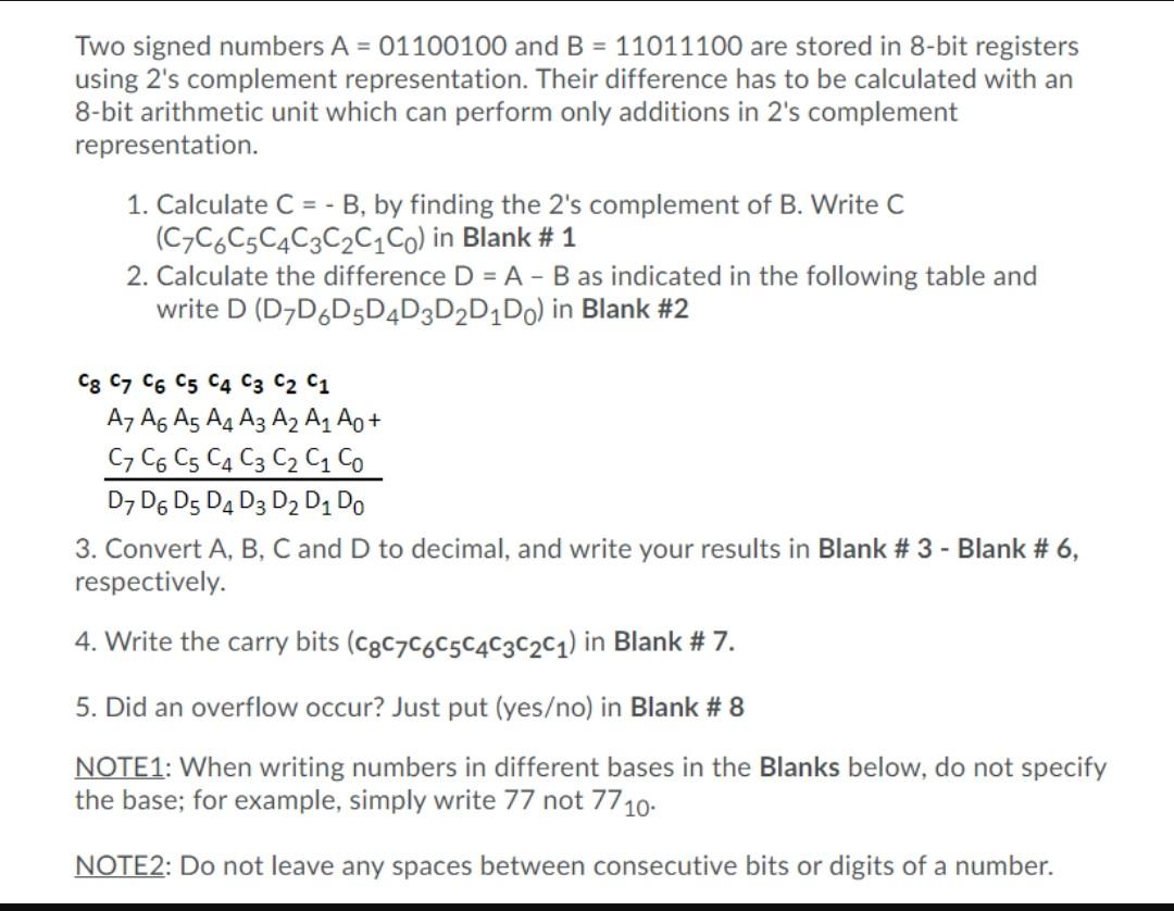 Solved Two signed numbers A = 01100100 and B = 11011100 are | Chegg.com