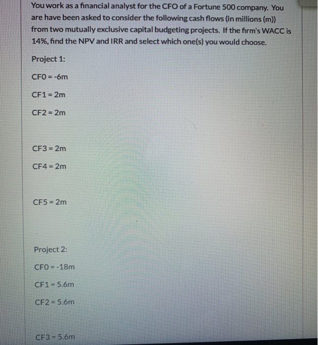 Solved You work as a financial analyst for the CFO of a | Chegg.com