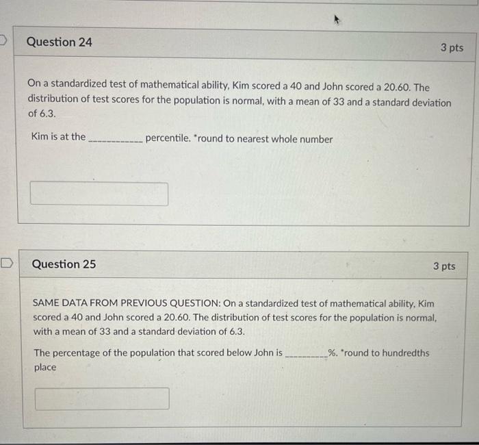 Solved On a standardized test of mathematical ability, Kim | Chegg.com