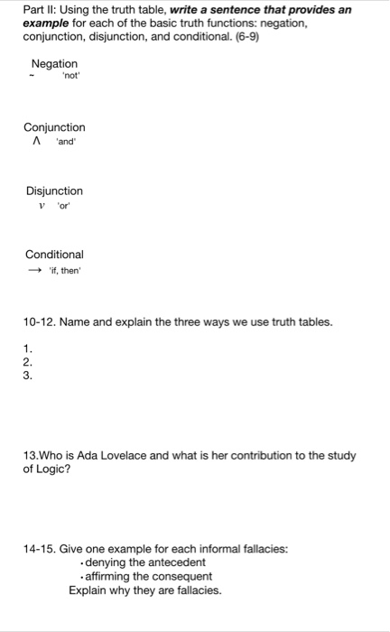 Part II: Using the truth table, write a sentence that | Chegg.com