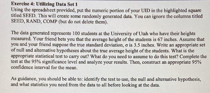 Solved Exercise 4: Utilizing Data Set 1 Using the | Chegg.com
