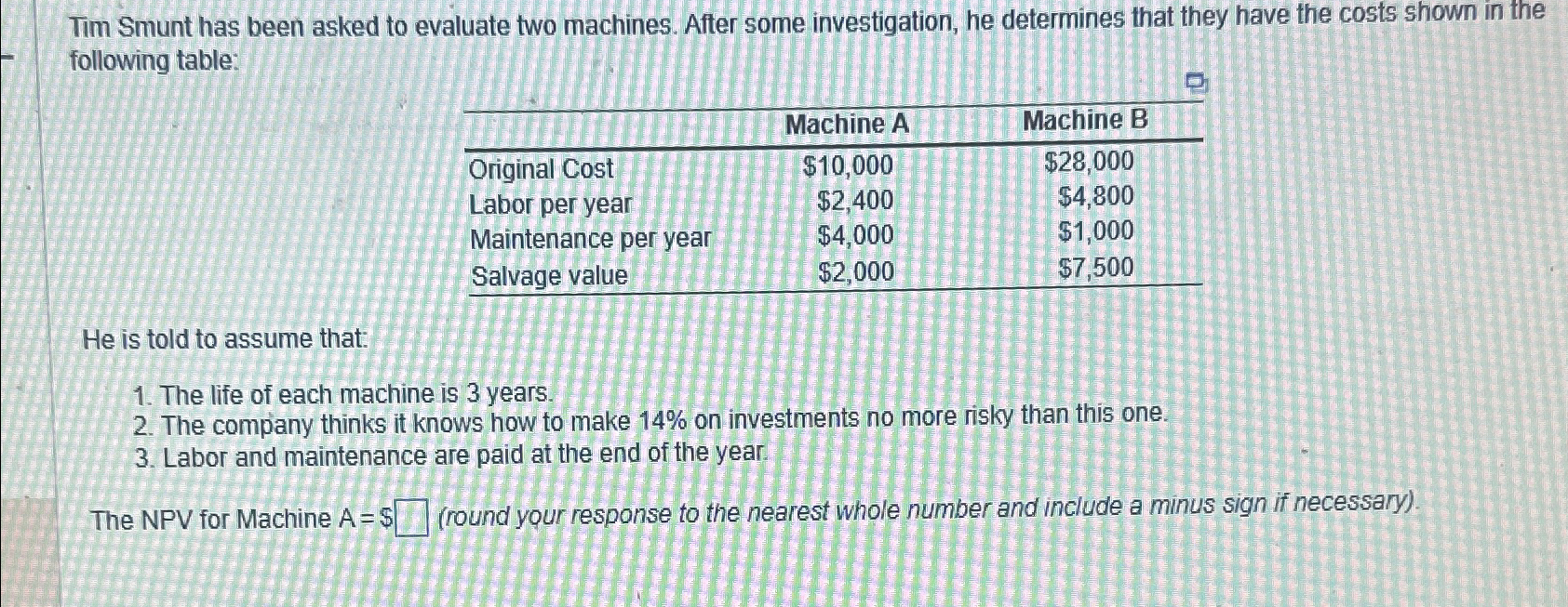 Solved Tim Smunt has been asked to evaluate two machines. | Chegg.com
