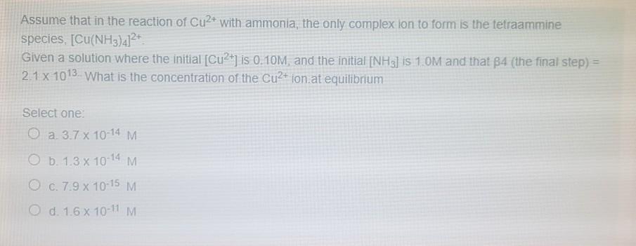 Solved Assume that in the reaction of Cu2+ with ammonia, the | Chegg.com