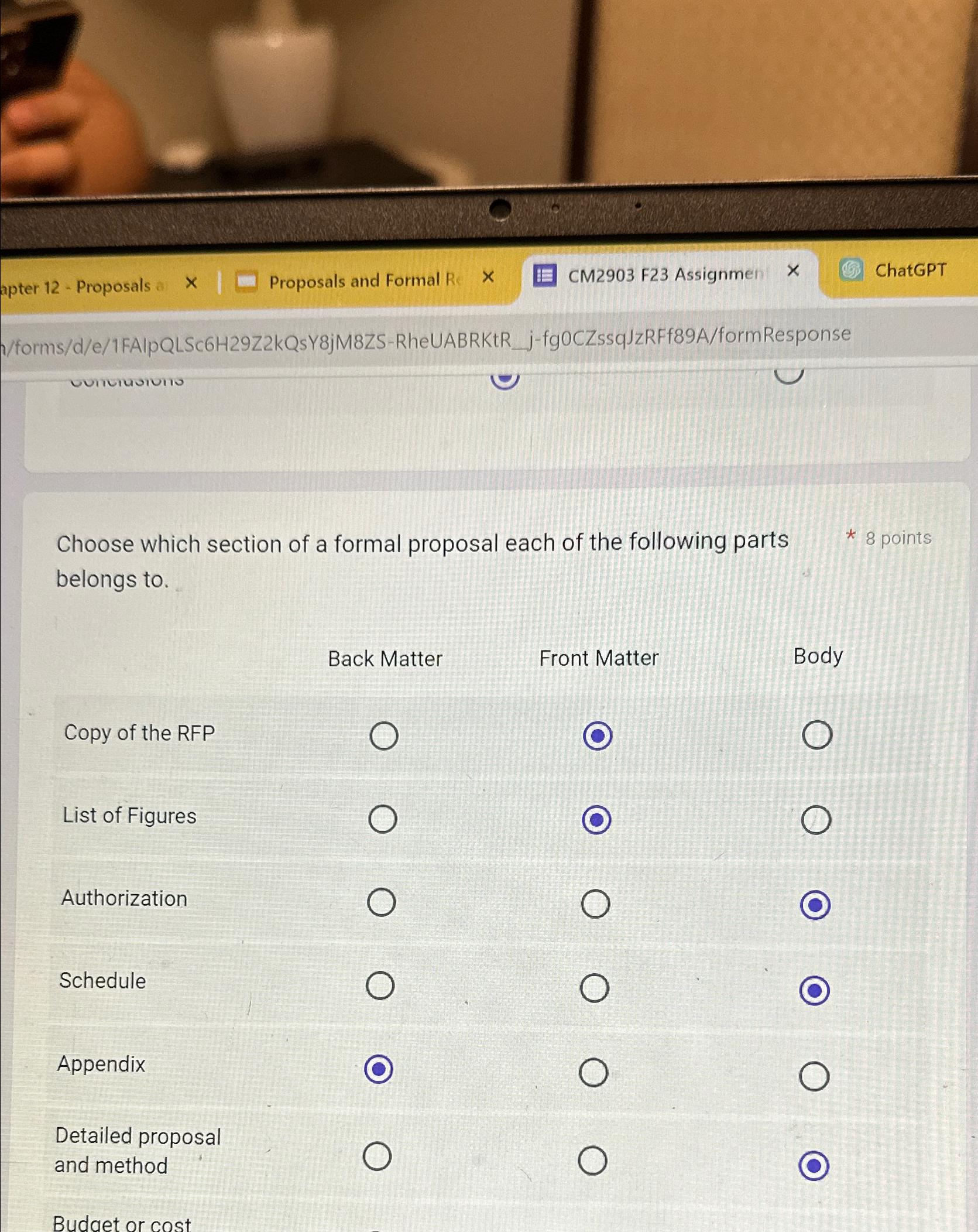 Solved Choose which section of a formal proposal each of the | Chegg.com