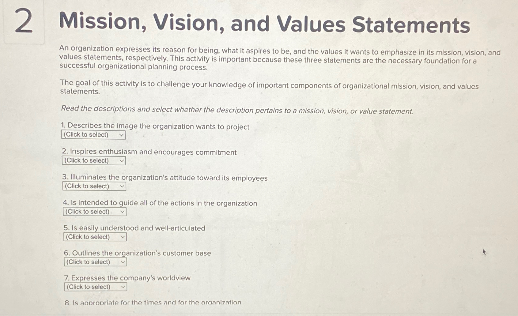 Solved Mission, Vision, and Values StatementsAn organization | Chegg.com