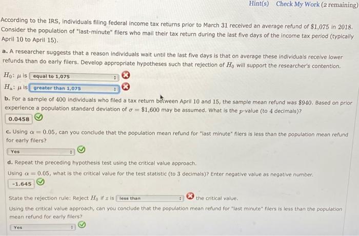 Solved Hint(s) Check My Work (2 remaining) According to the | Chegg.com