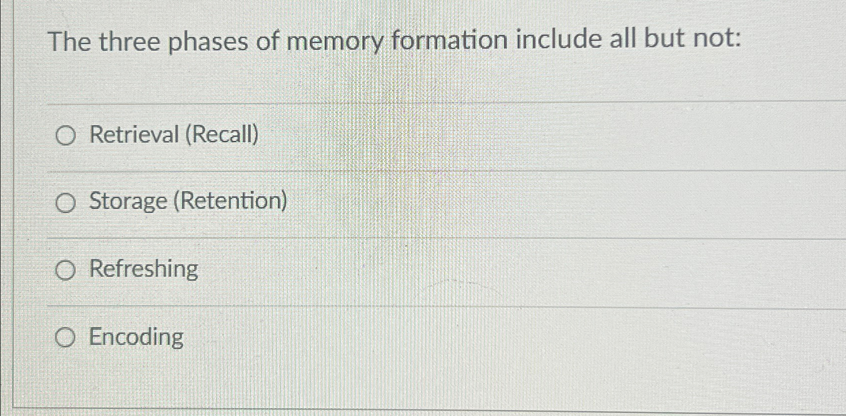 Solved The three phases of memory formation include all but | Chegg.com
