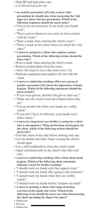 Solved - Low BP and high pulse rate - An assistive personnel | Chegg.com