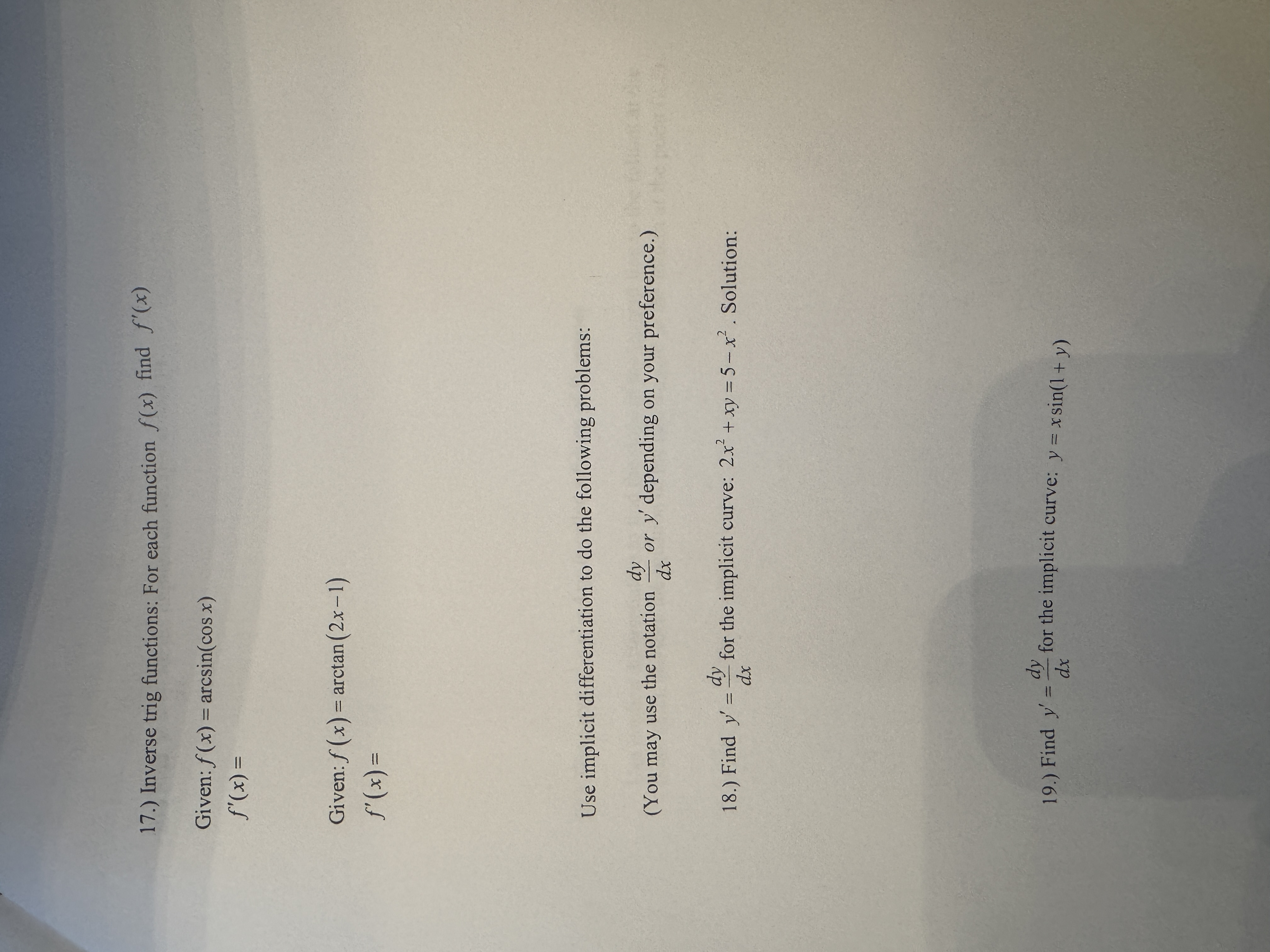 Solved 17.) ﻿Inverse trig functions: For each function f(x) | Chegg.com