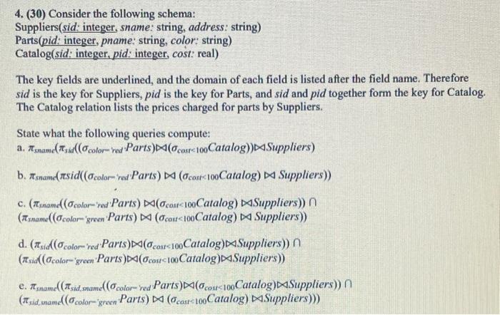 Solved 4 30 Consider The Following Schema Supplierssid 