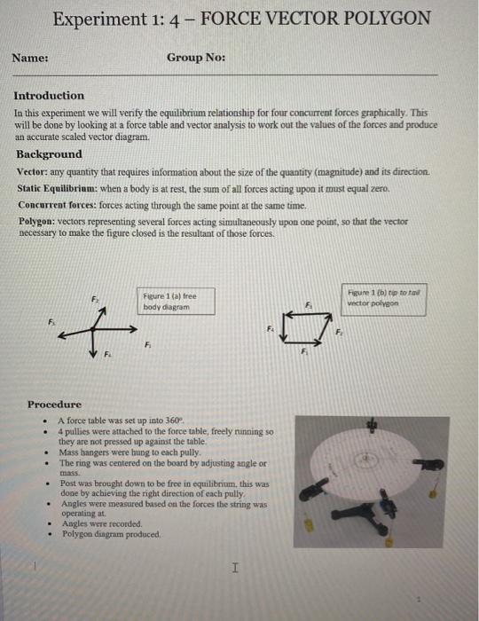 Solved Experiment 1: 4-FORCE VECTOR POLYGON Name: Group No: | Chegg.com