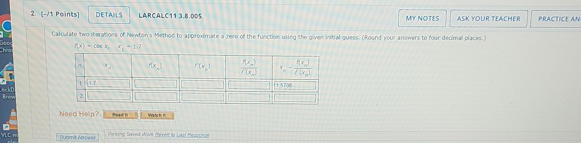 Solved 2. [−/1 Points ] LARCALC11 3.8.005. Calculate two | Chegg.com