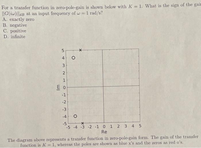 Solved For a transfer function in zero-pole-gain is shown | Chegg.com