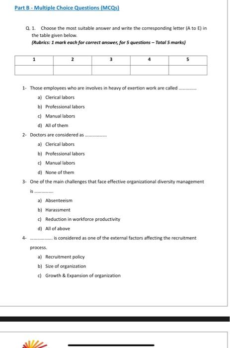Solved Part B - Multiple Choice Questions (MCO) Q1. Choose | Chegg.com