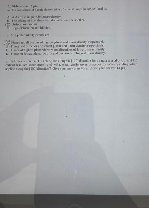 Solved 7. Dislocations. 6 pts. a. The root cause of plastic | Chegg.com