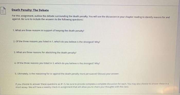 Death Penalty: The Debate For this assignment outline | Chegg.com
