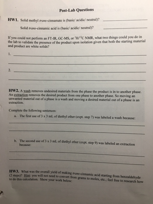 Solved Post-Lab Questions HW1. Solid methyl trans-cinnamate | Chegg.com