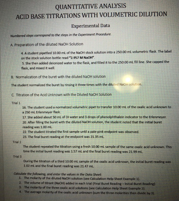Solved QUANTITATIVE ANALYSIS ACID BASE TITRATIONS WITH | Chegg.com
