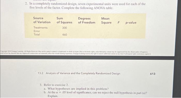 Solved 2. In a completely randomized design, seven | Chegg.com