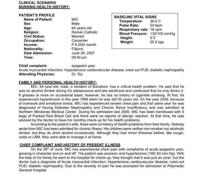 Solved Dr. Siy CLINICAL SCENARIO NURSING HEALTH HISTORY: | Chegg.com