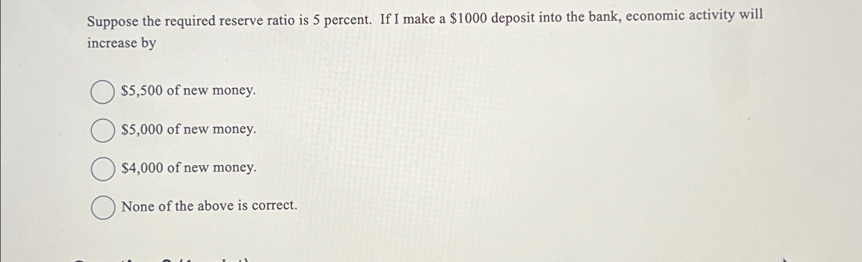 Solved Suppose the required reserve ratio is 5 ﻿percent. If | Chegg.com