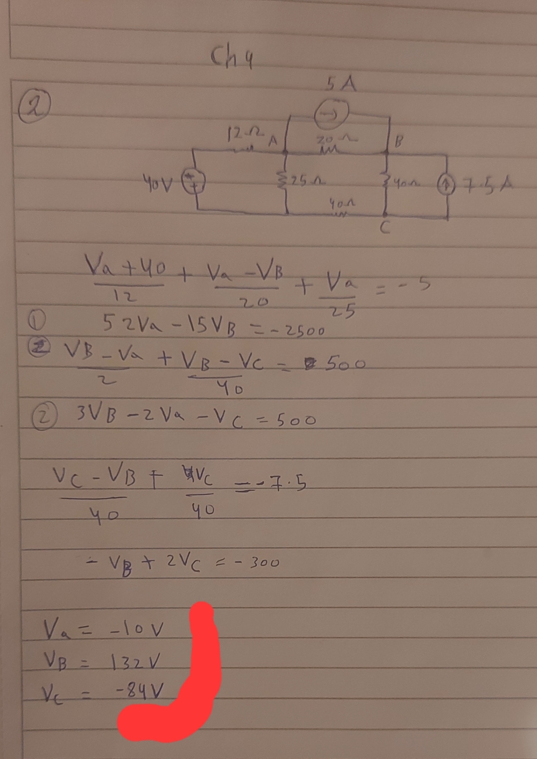Solved Ch4(2)Va+4012+Va-VB20+Va25=-5(1) | Chegg.com