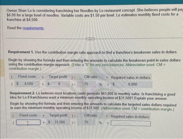 Solved Owner Shan Lo is considering franchising her Noodles | Chegg.com