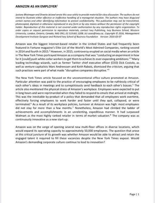 Solved Based on Casestudy: Amazon as an employer (2016) By | Chegg.com