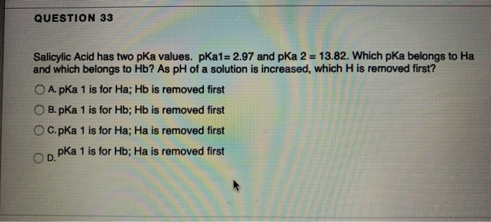 Solved QUESTION 33 Salicylic Acid has two pka values. pka1= | Chegg.com