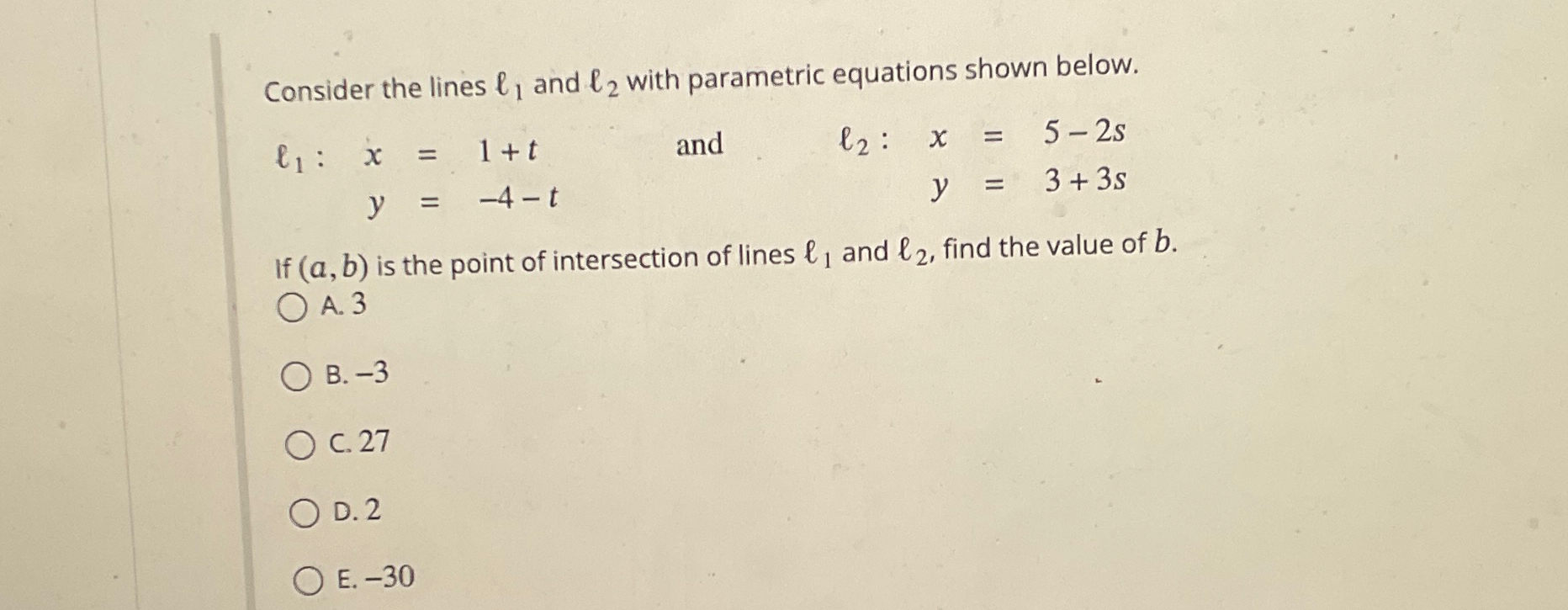 Solved Consider the lines l1 ﻿and l2 ﻿with parametric | Chegg.com
